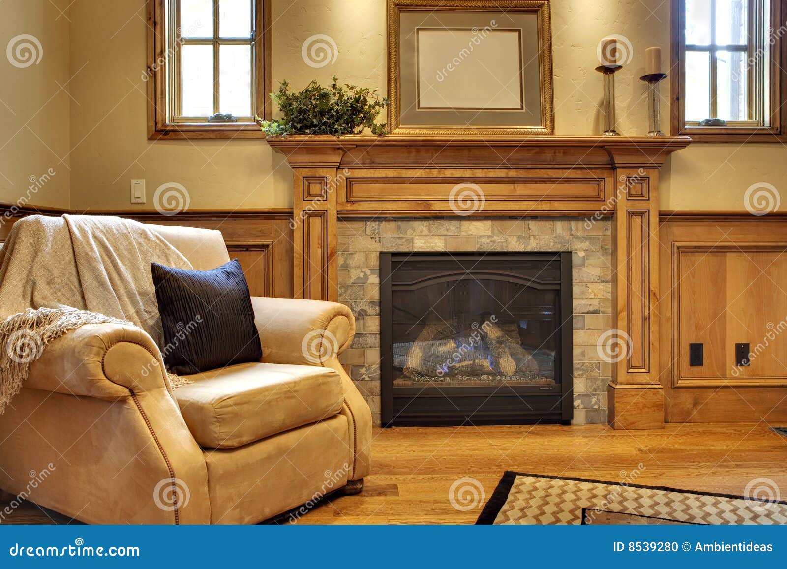 Office with Chair and Fireplace Stock Photo - Image of home, luxury ...