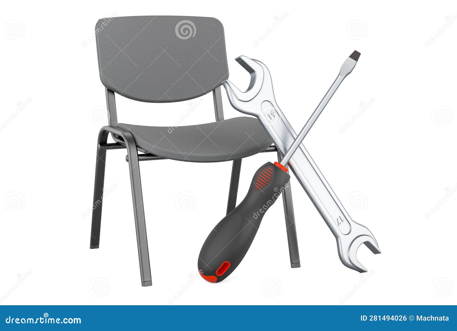 Office Chair with Screwdriver and Wrench. 3D Rendering Stock ...