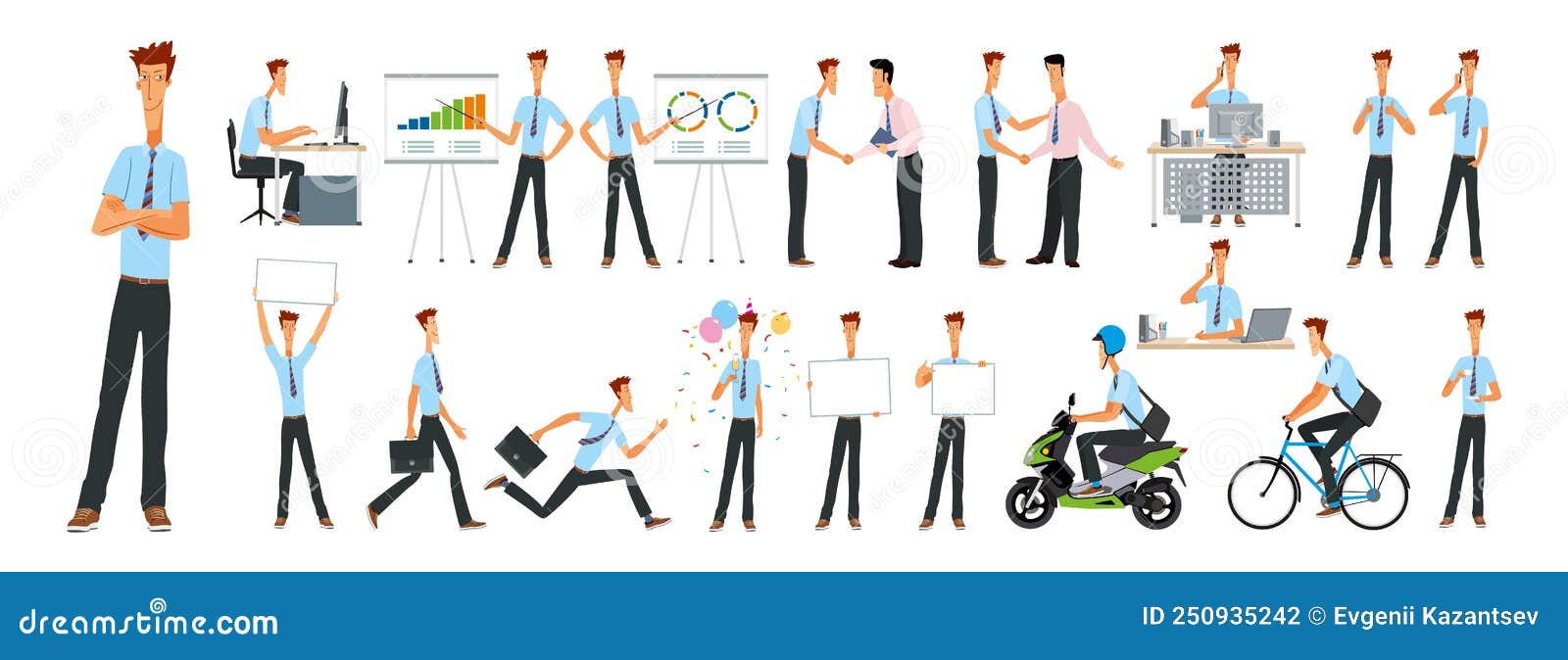 An Office Character Cute Funny Guy In Different Poses And Different Scenes Stock Vector