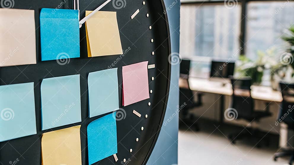 Office Clock with Sticky Notes, Teamwork and Time Management Stock ...