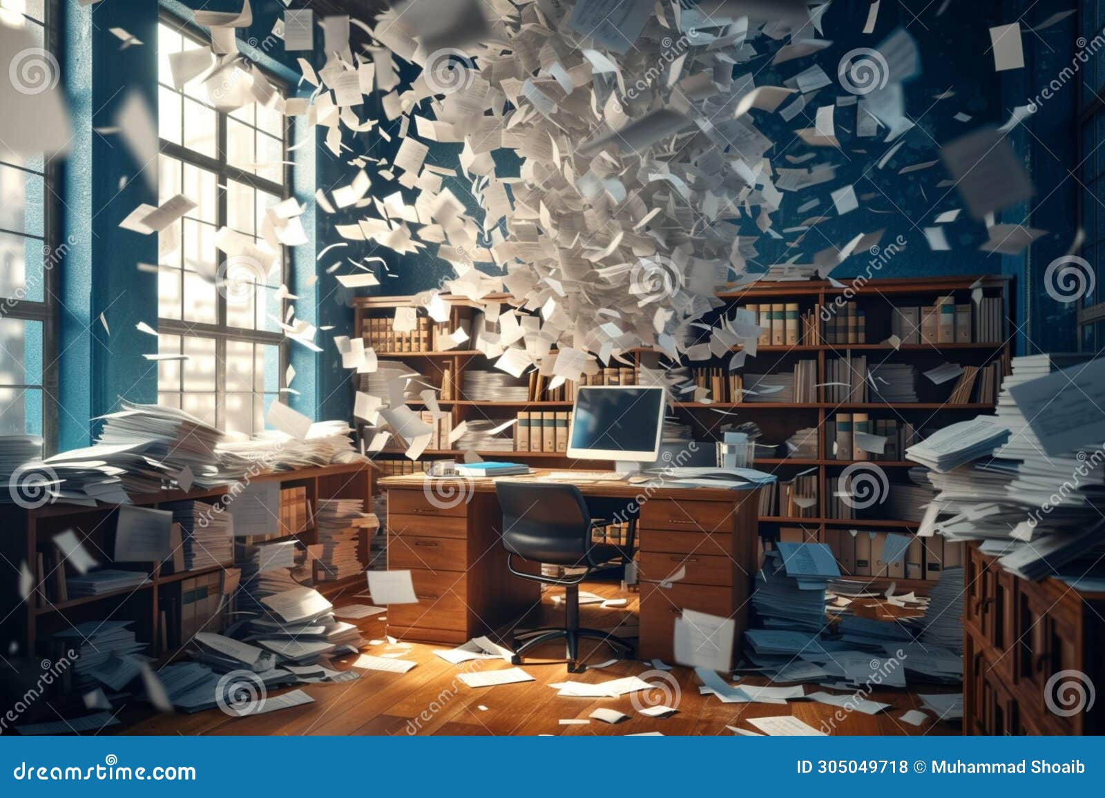 Office Clutter Documents Flying Over a Chaotic Workplace Scene Stock ...