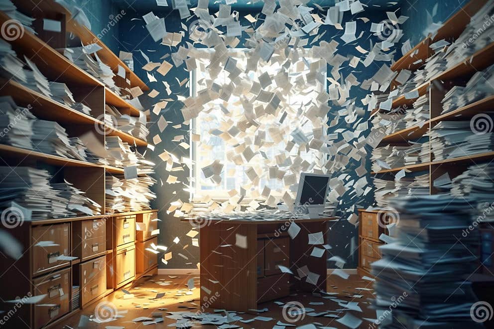 Office Clutter Documents Flying Over a Chaotic Workplace Scene Stock ...