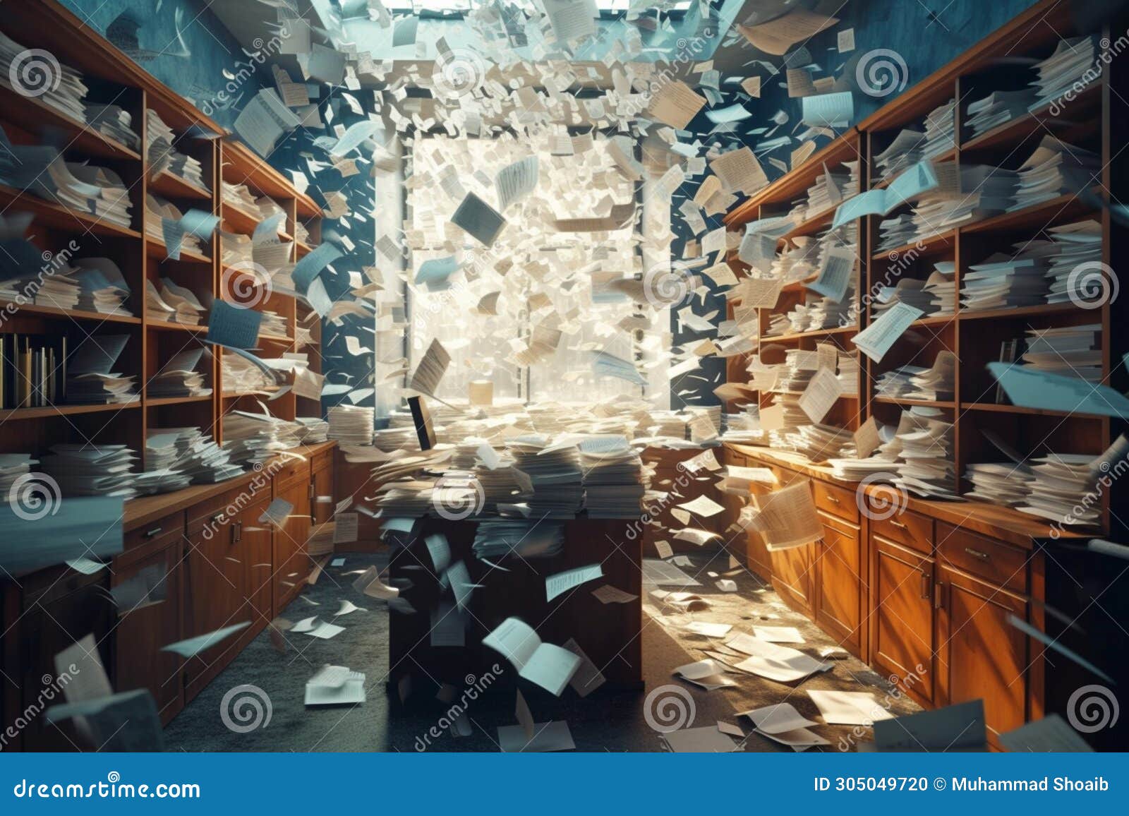 Office Clutter Documents Flying Over a Chaotic Workplace Scene Stock ...