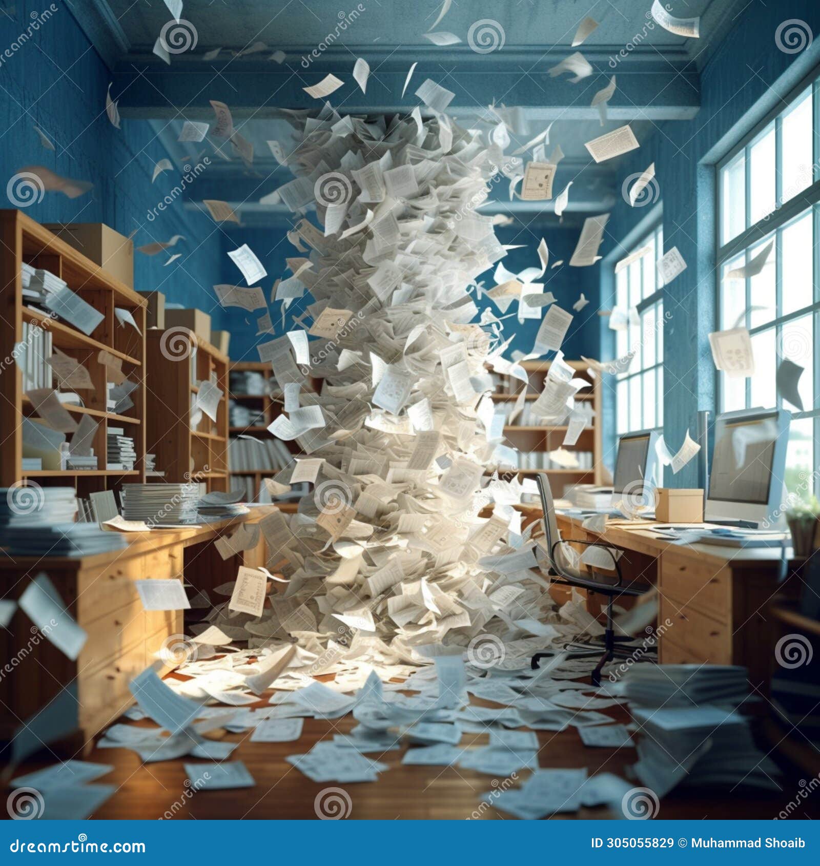 Office Clutter Documents Flying Over a Chaotic Workplace Scene Stock ...