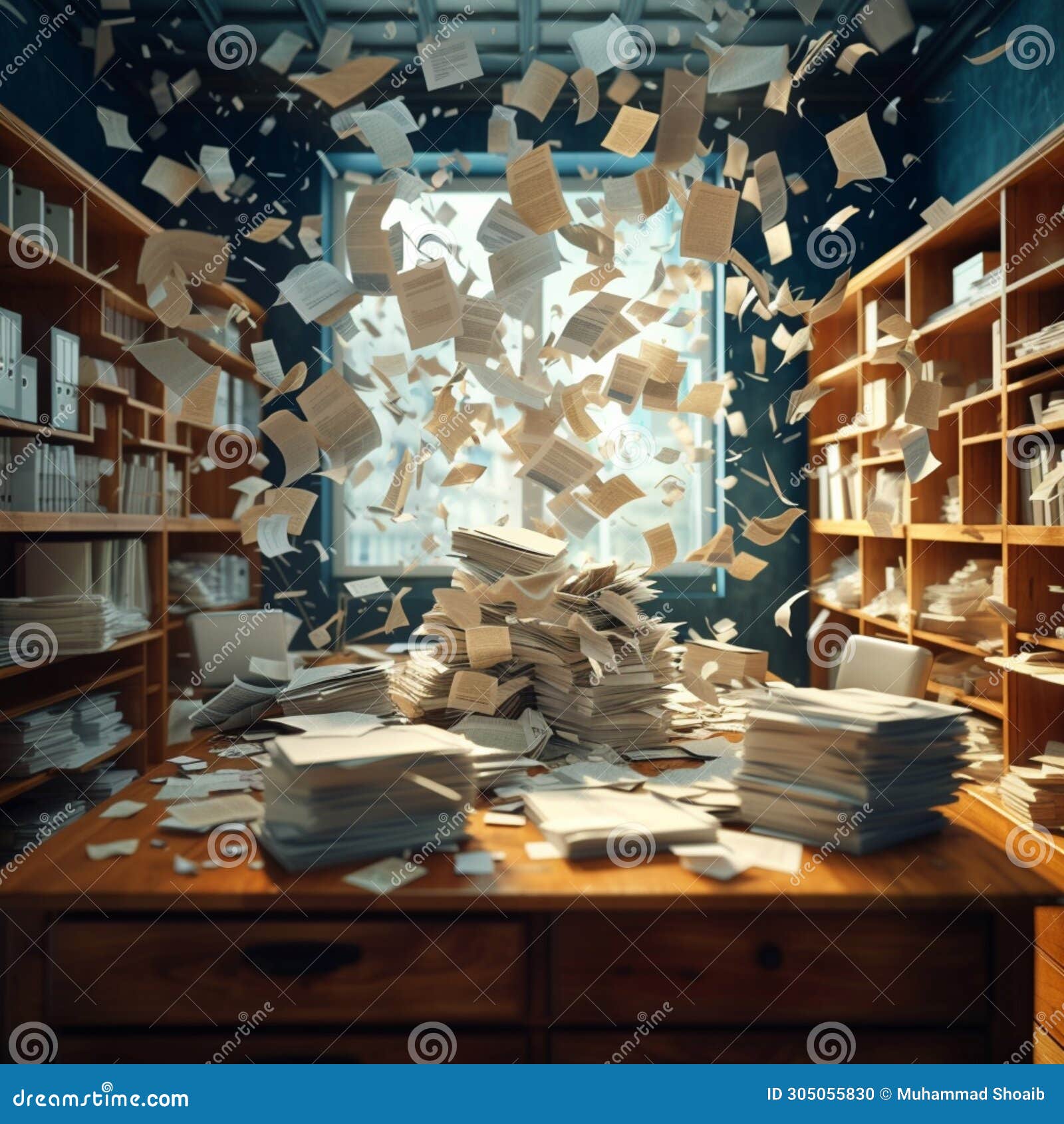 Office Clutter Documents Flying Over a Chaotic Workplace Scene Stock ...