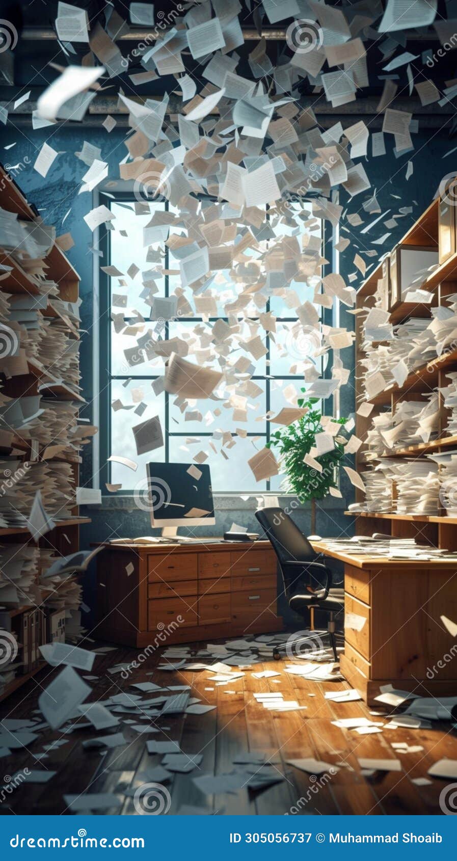 Office Clutter Documents Flying Over a Chaotic Workplace Scene Stock ...
