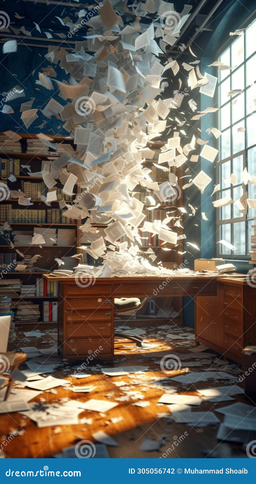 Office Clutter Documents Flying Over a Chaotic Workplace Scene Stock ...