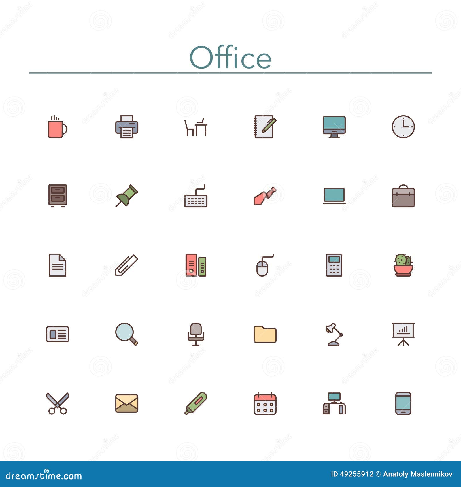 Office Colored Line Icons stock vector. Illustration of flat - 49255912
