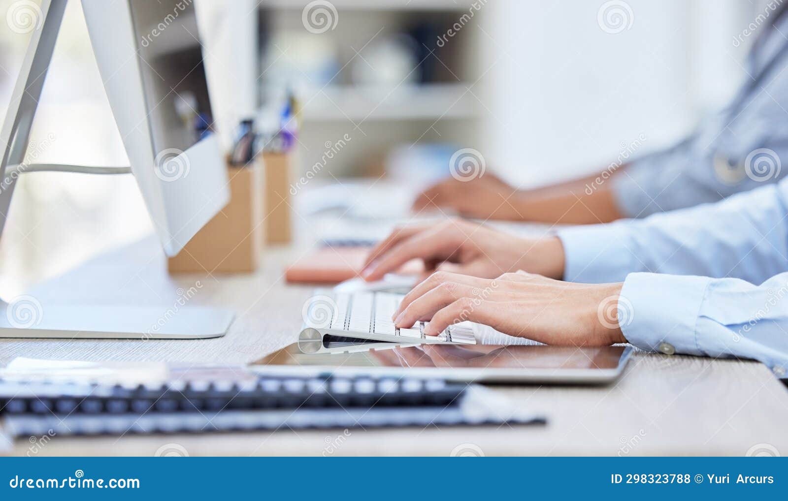 Office, Communication and Hands of Employees Typing Email, Report and Contact Technical Support ...