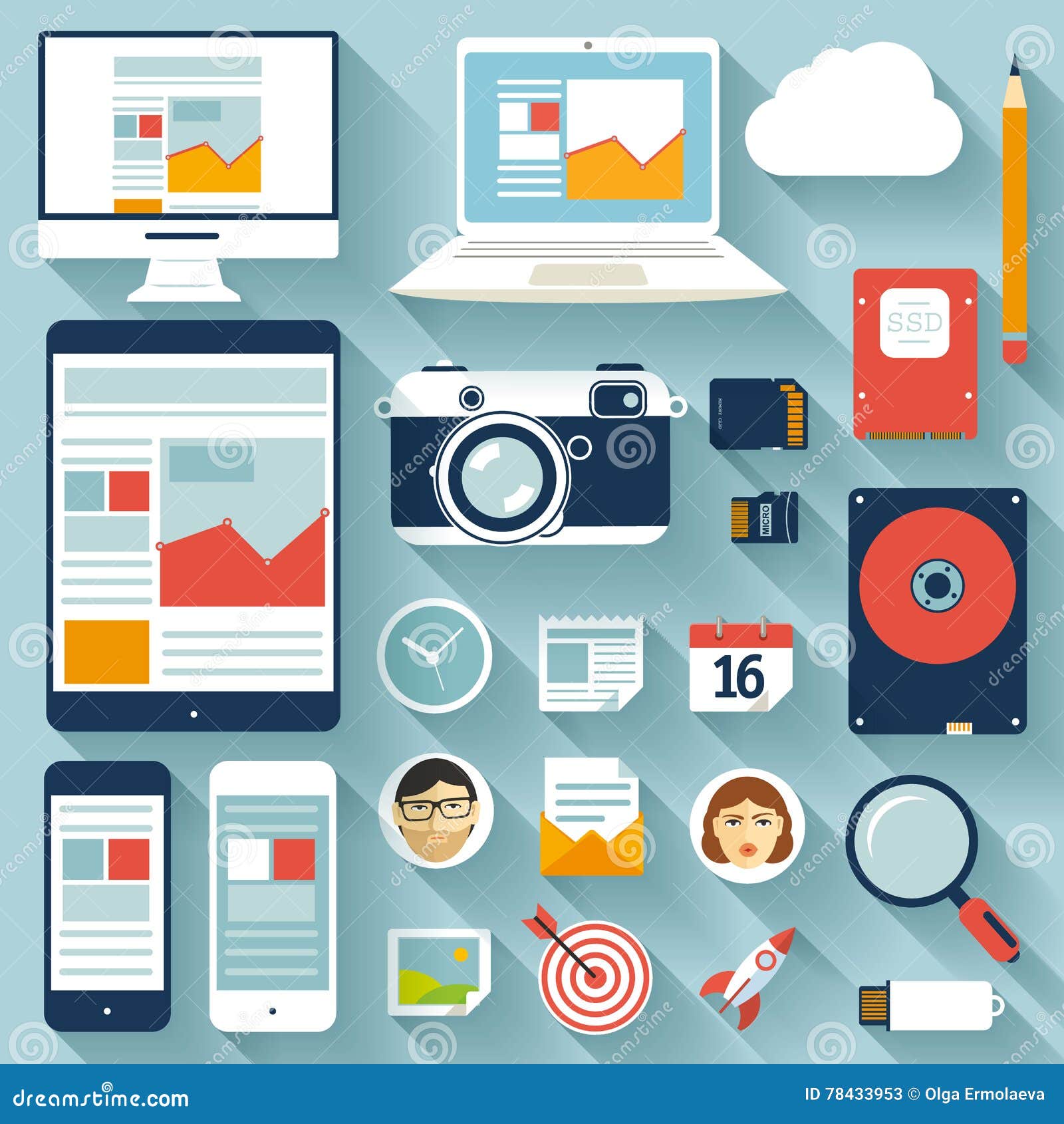 Office and Communications Flat Icon Set. Stock Vector - Illustration of ...