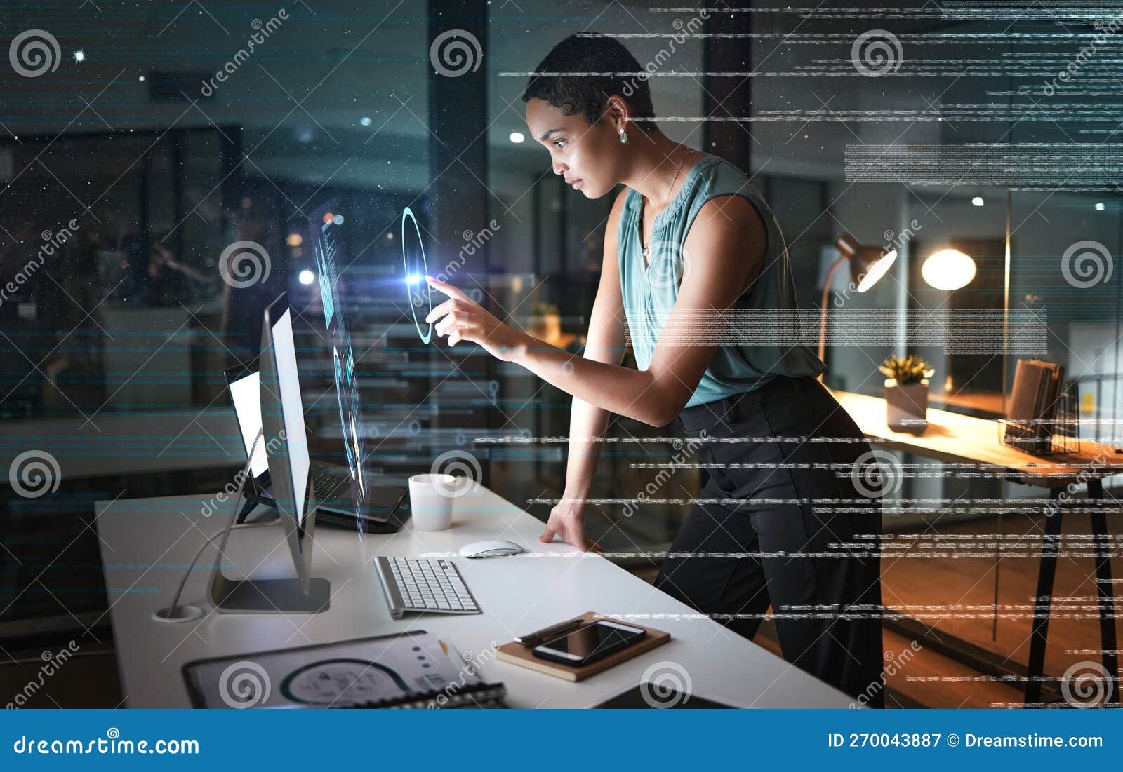 Office Computer, Hologram and Woman Point at Future Administration Ui ...