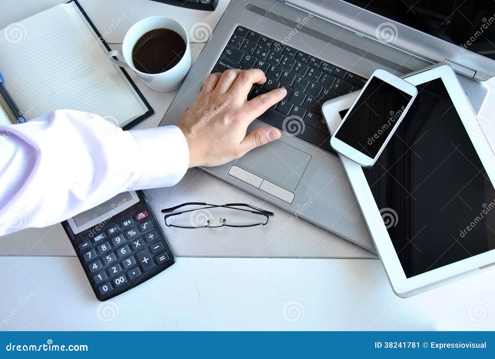 Office with Computers and Phones Stock Image - Image of depth, input ...
