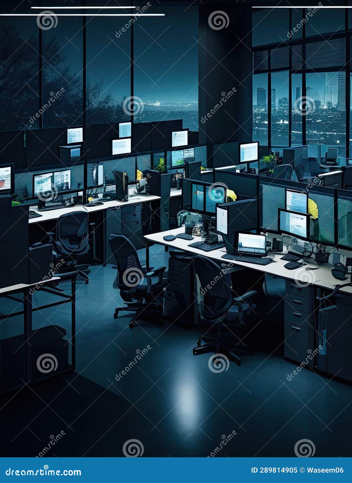 Office with Computers Showing Night View of City Stock Illustration ...