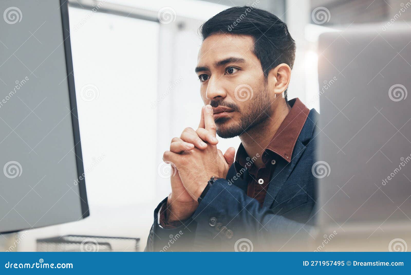 Office, Concentration and Face of Man at Computer Thinking or ...