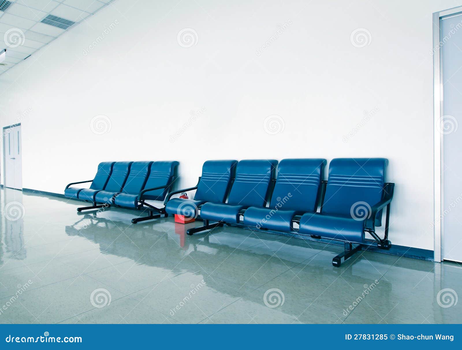 Office Corridor with Blue Chairs Stock Image - Image of doors, hall ...