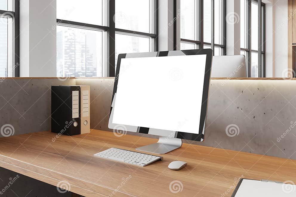 Office Coworking Interior with Pc Computer on Table with Mockup Display ...