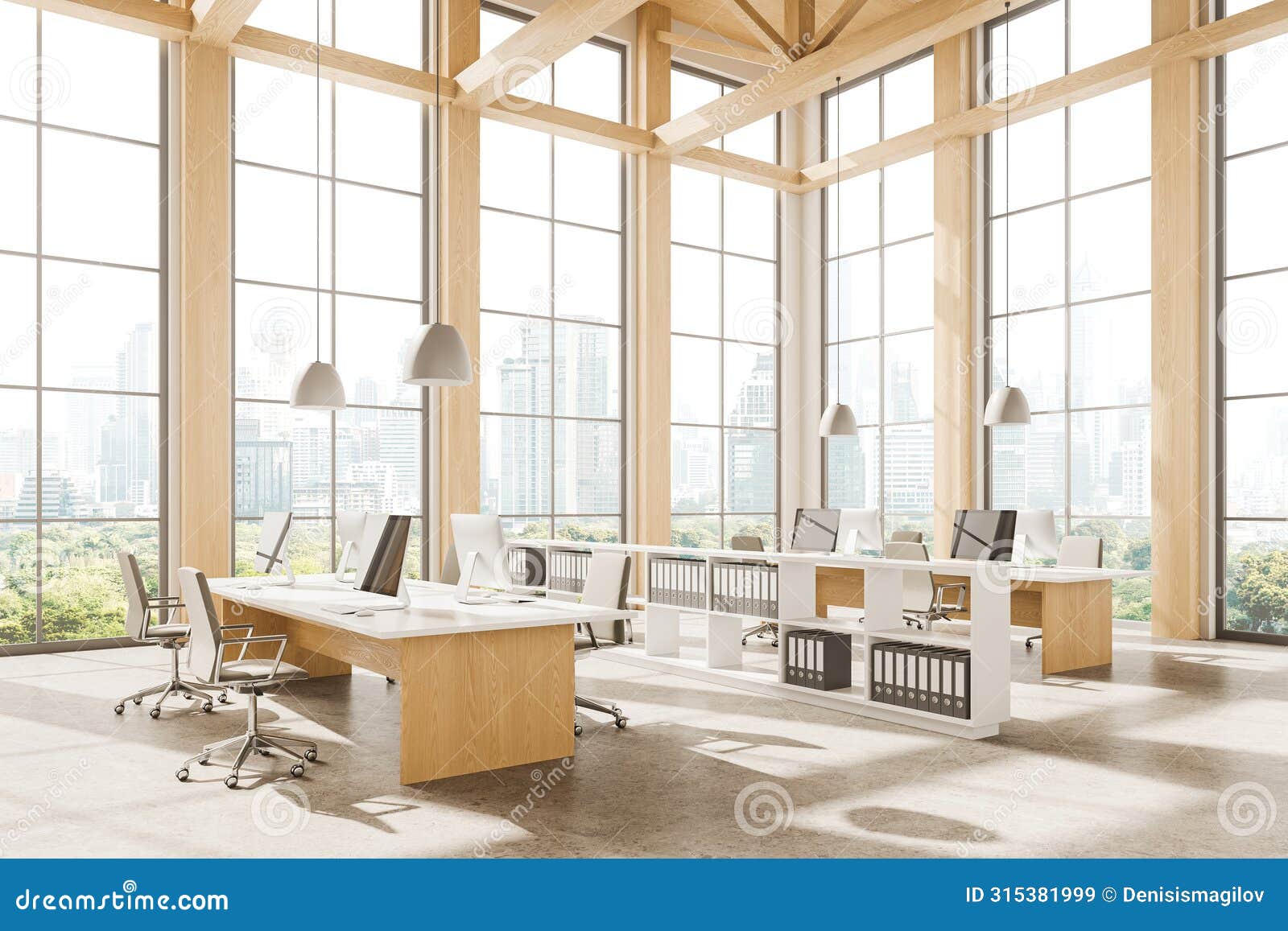 Office Coworking Interior with Pc Computers on Desks in Row, Panoramic ...