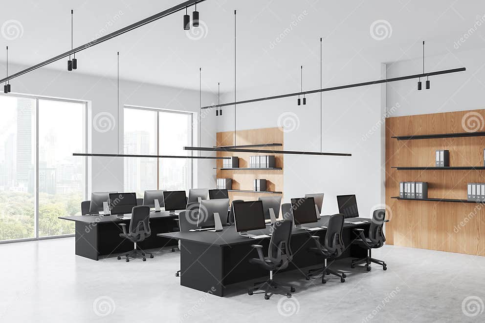 Office Coworking Interior with Tables and Pc Monitors, Panoramic Window ...