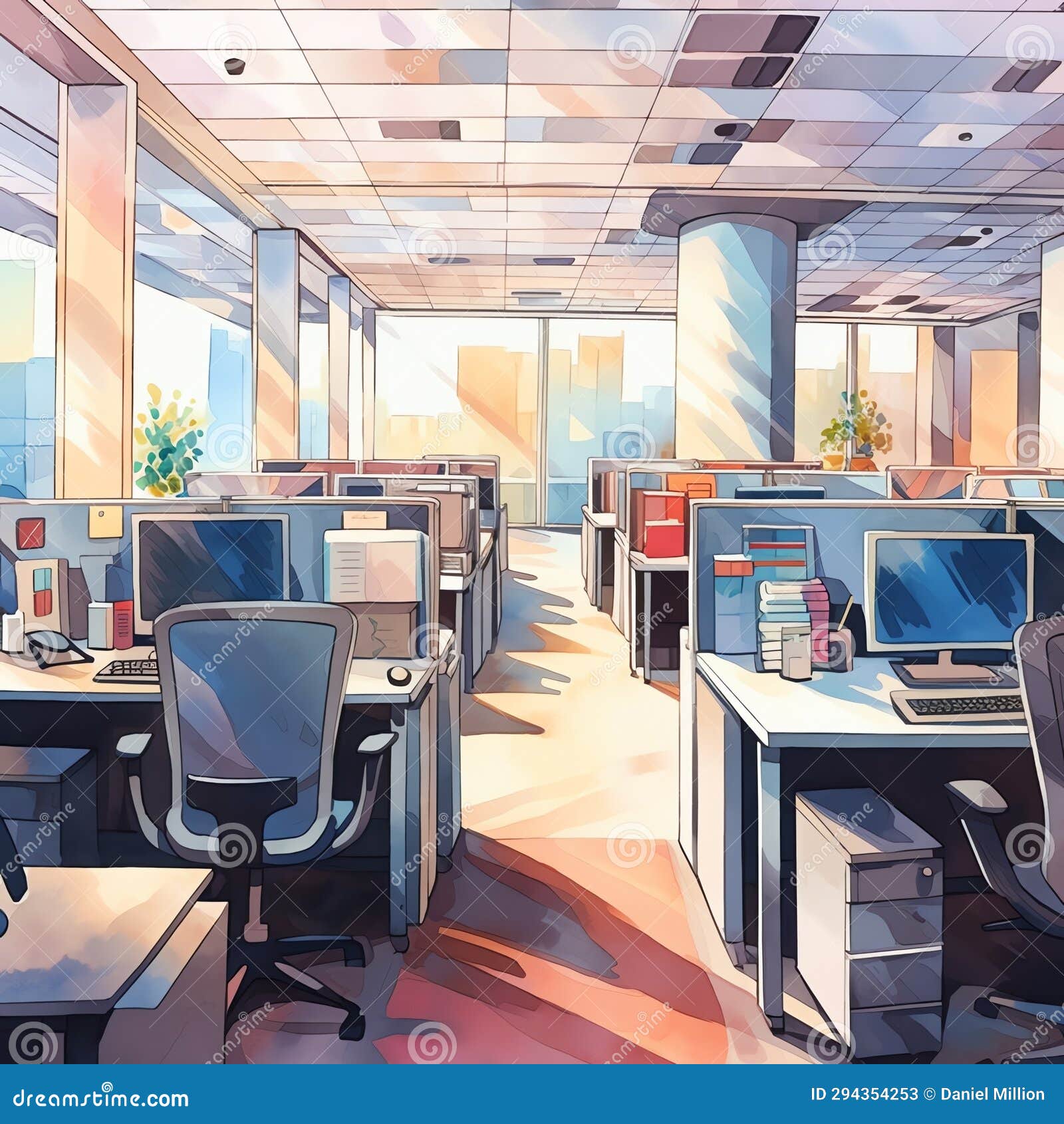 Office Cubicles With Computer Screens Work Office Background Stock ...