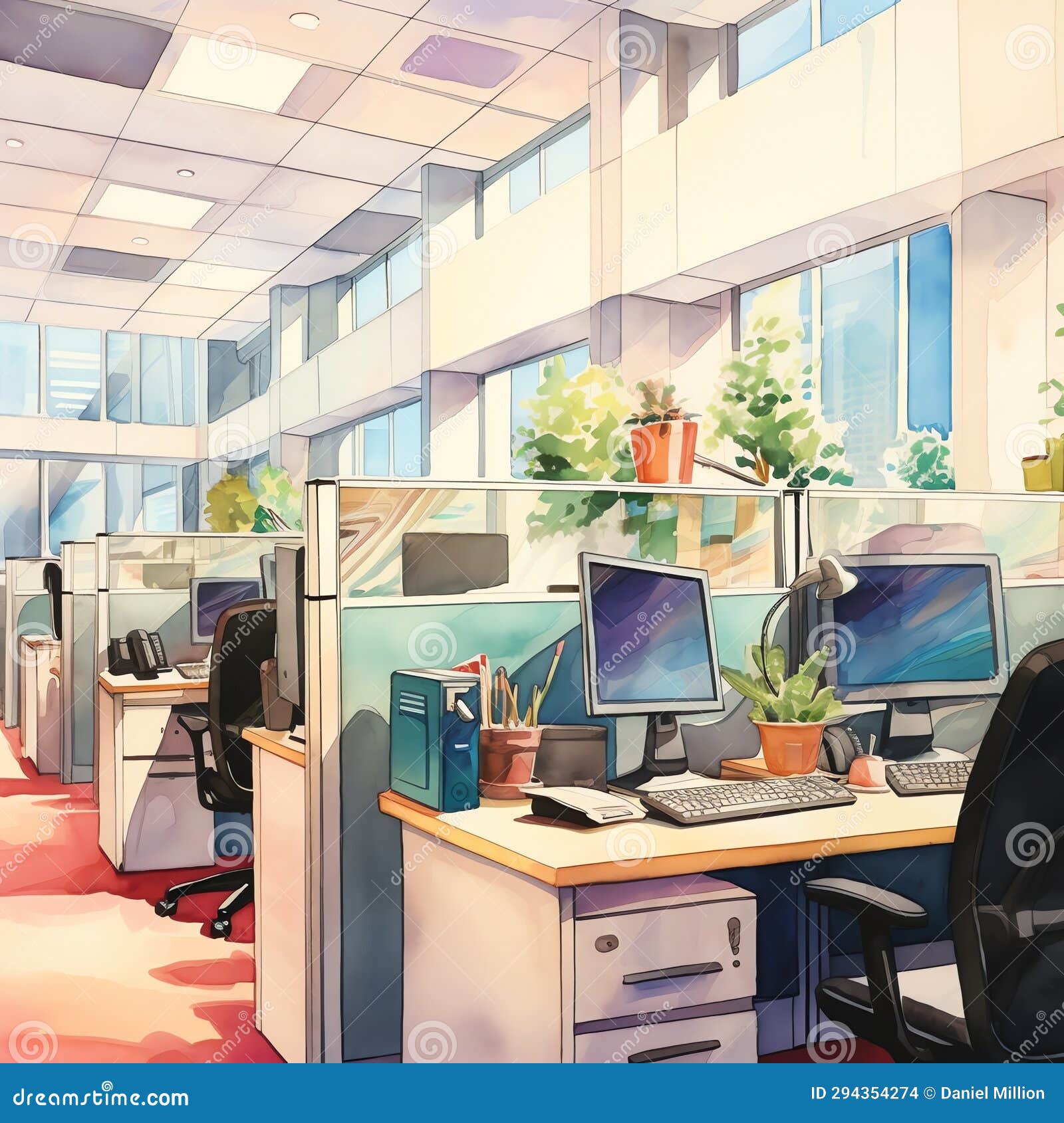 Office Cubicles With Computer Screens Work Office Background Royalty ...