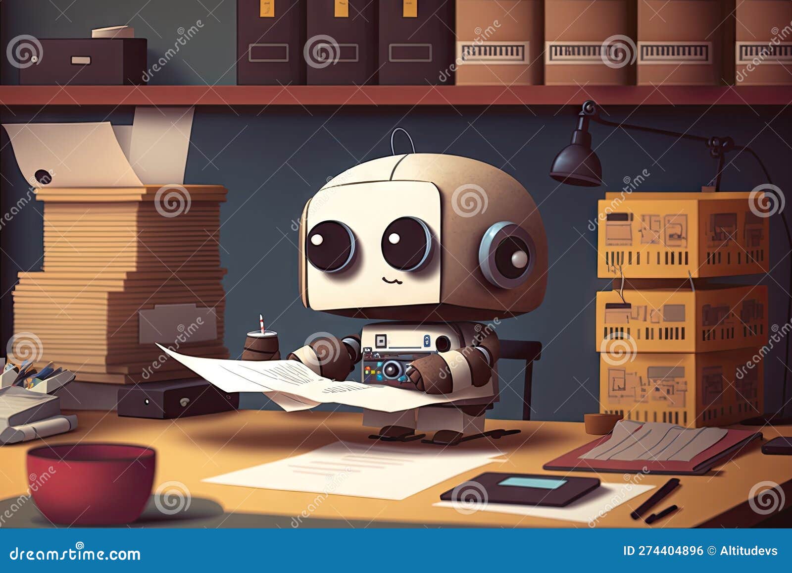 Office, with Cute Robot Assistant Sorting and Filing Paperwork Stock ...