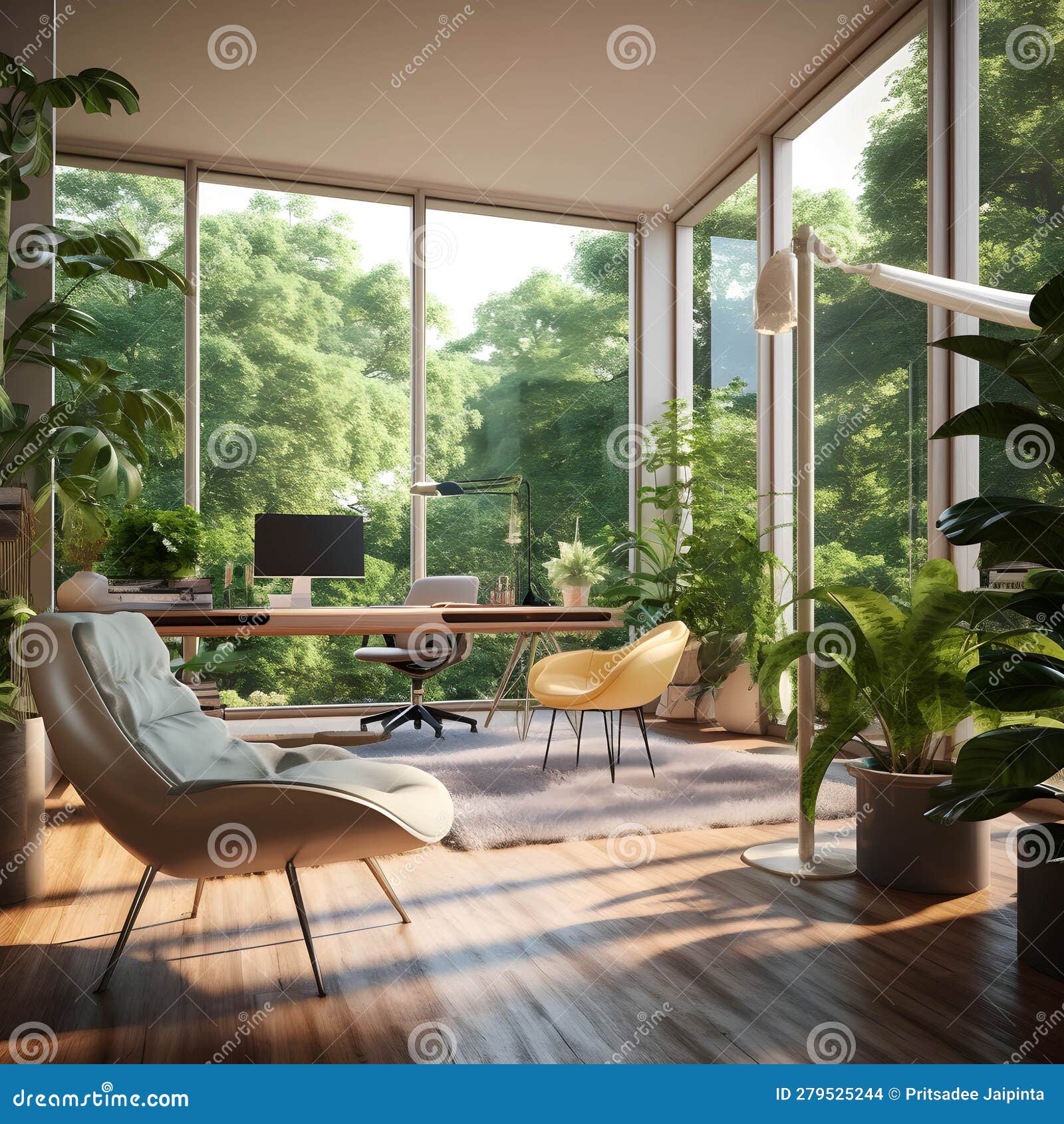 Office 3d Rendering Image.large Windows Look Out To See the Nature with ...