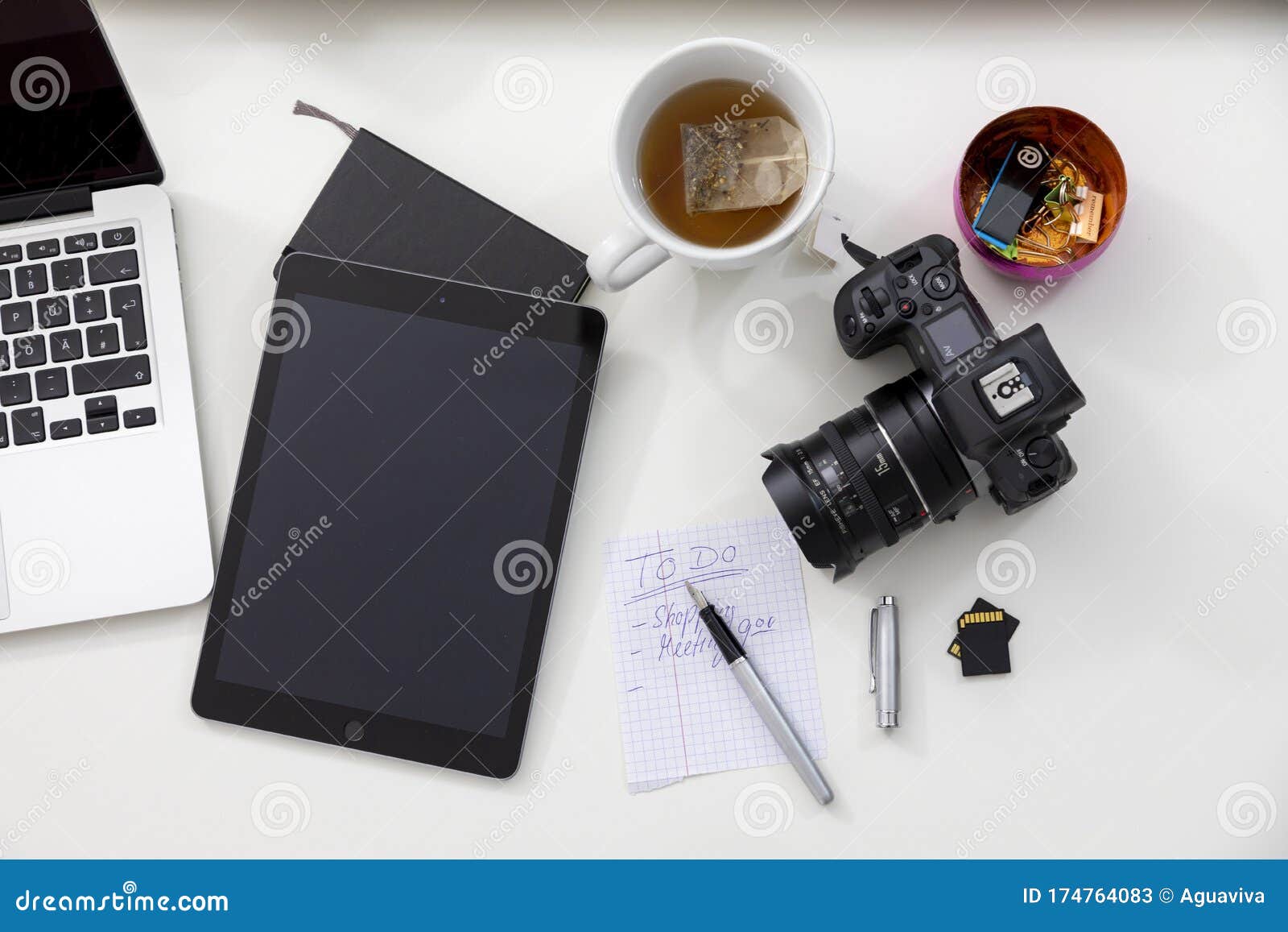 Office Desk from Above with Computer Stock Image - Image of text ...
