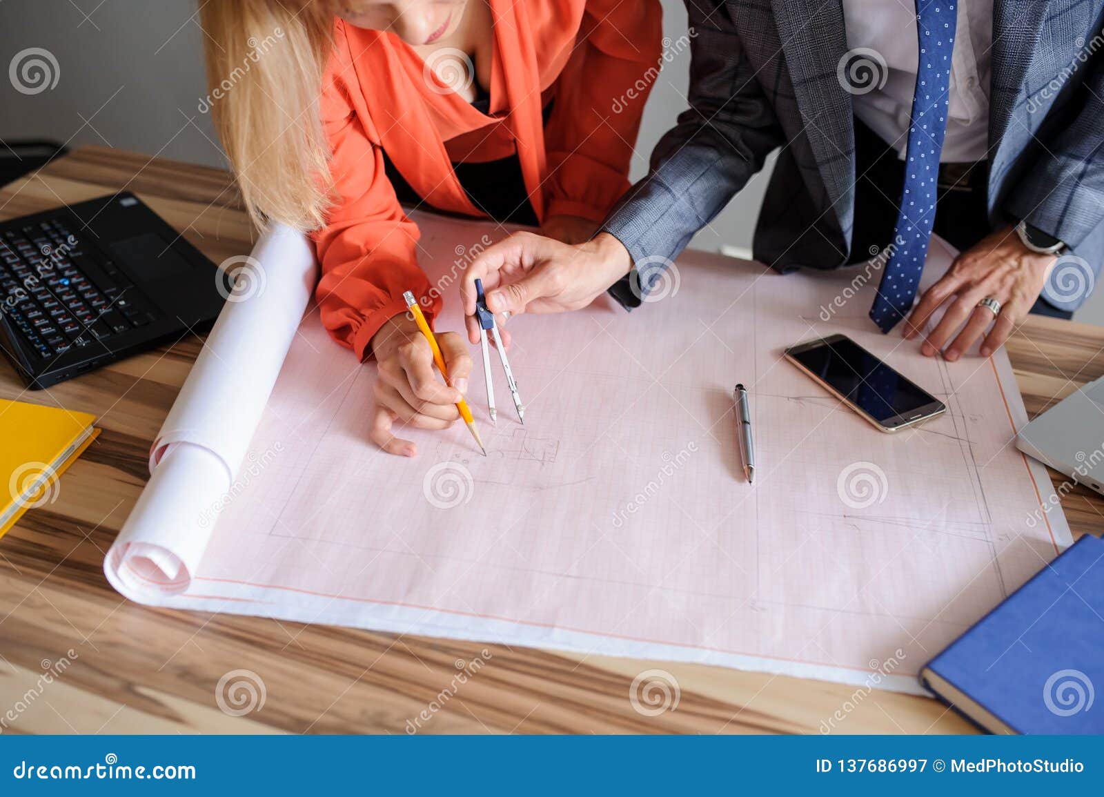 A Office Desk with Architecture Project Stock Image - Image of business ...