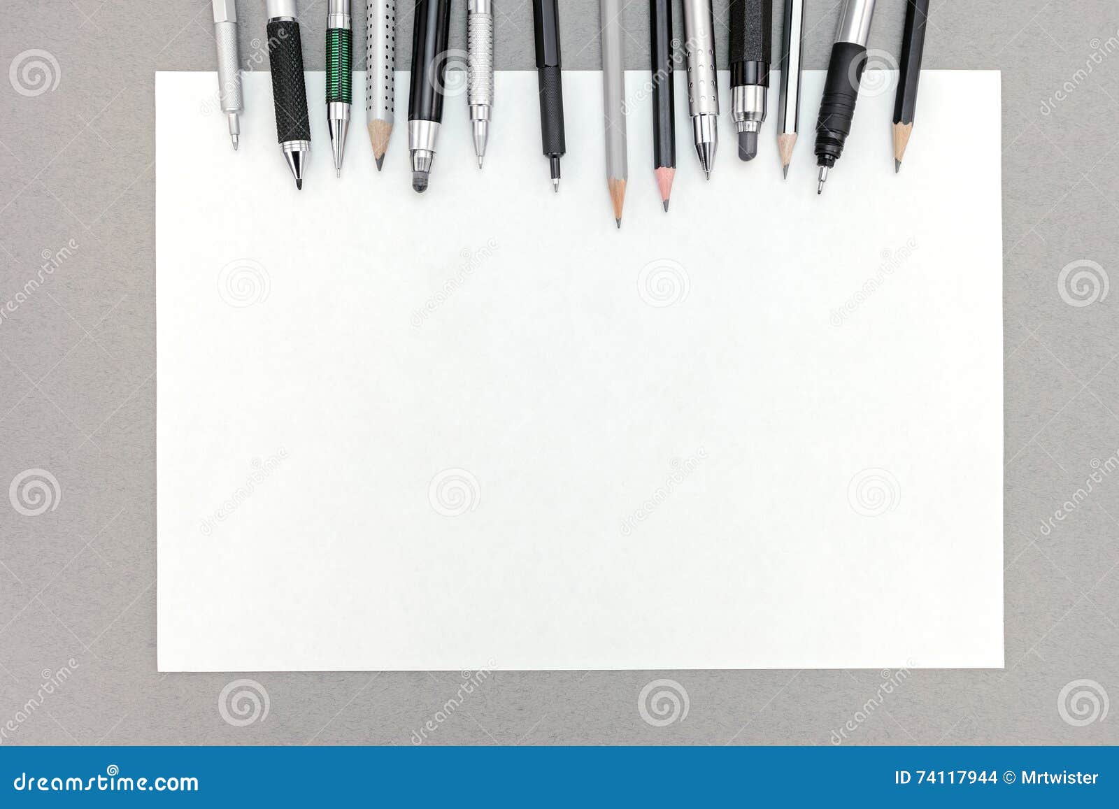 Office Desk with Blank Sheet of Paper and Various Drawing Tools Stock ...
