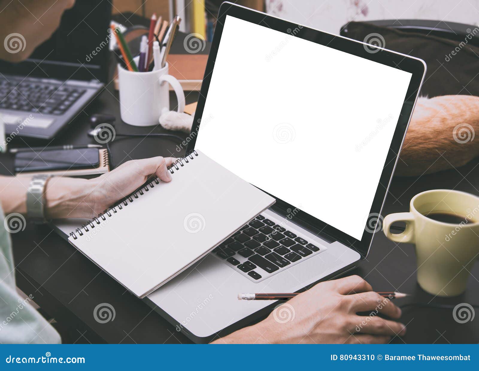 Office Desk with Business Hand Working on Computer Notebook. Stock ...