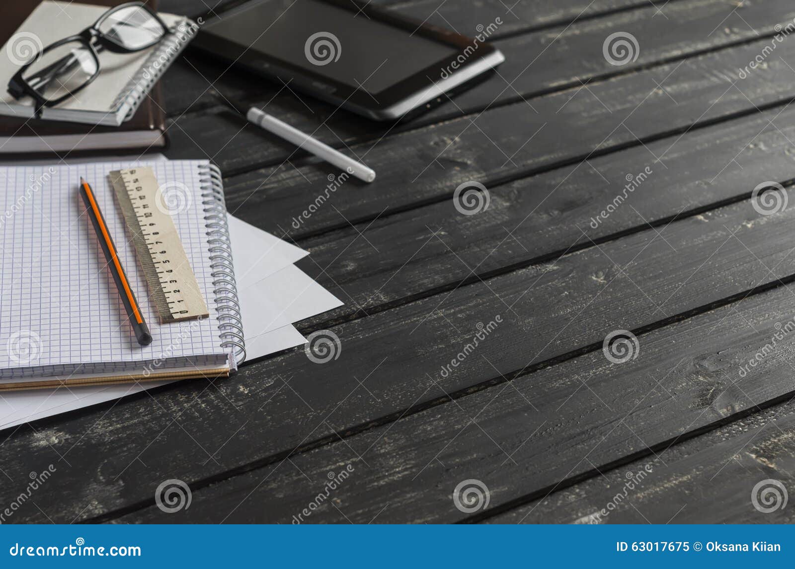 Office Desk with Business Objects - Open Notebook, Tablet Computer ...