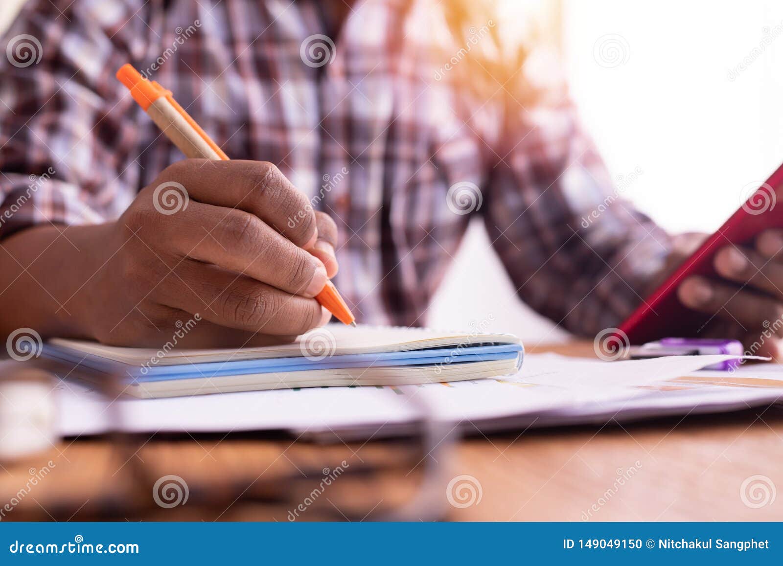 Office Desk with Businessman Writing Paperwork Stock Photo - Image of ...