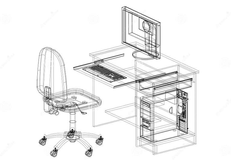 Office Desk with Computer Architect Blueprint - Isolated Stock ...