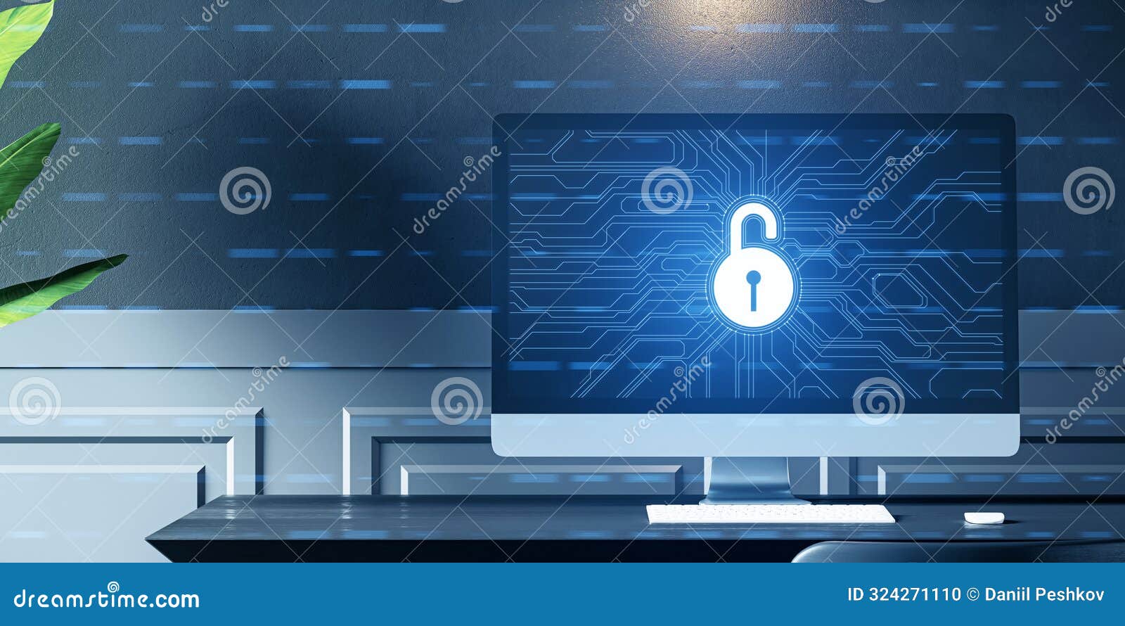 An Office Desk with a Computer Displaying a Lock Icon Over a Digital ...