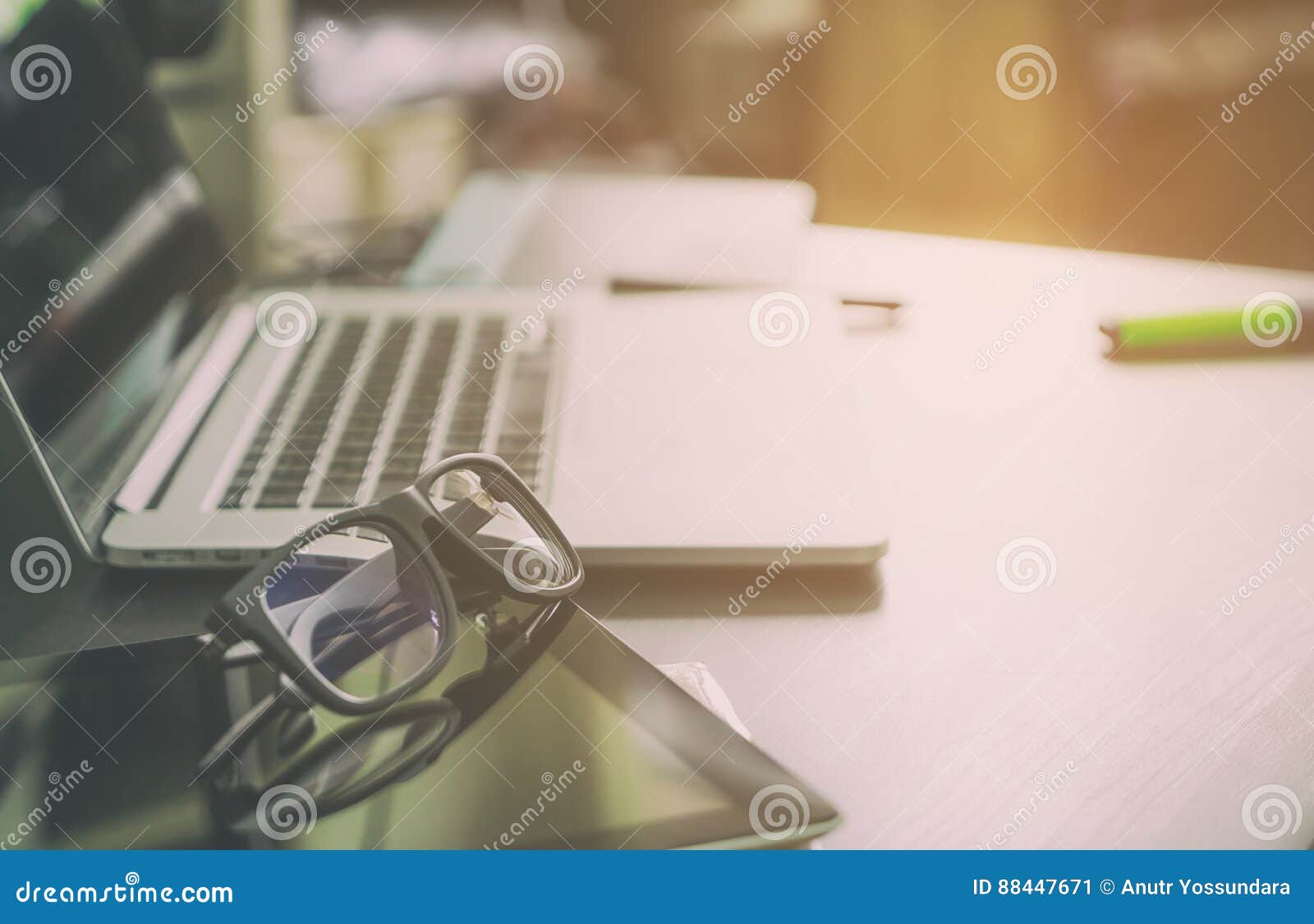 Office Desk with Computer and Glasses Stock Image - Image of space ...