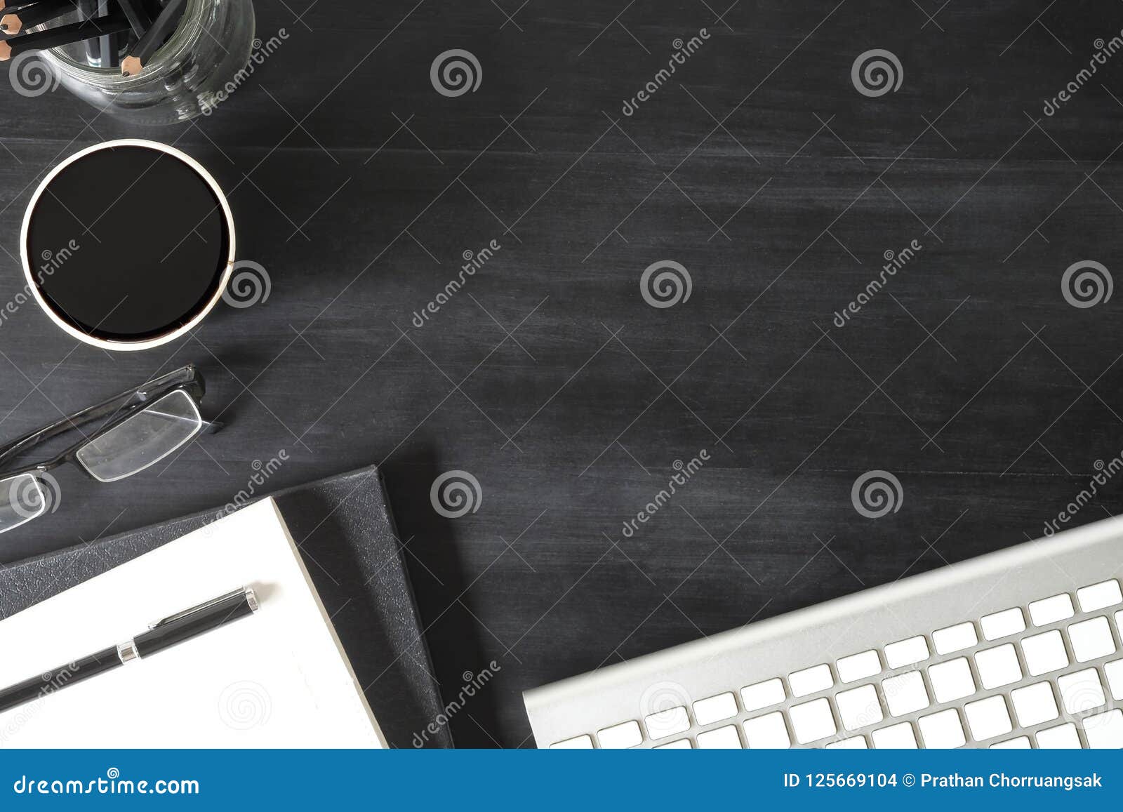Office Desk Computer Keyboard, Notebook, Pen and Coffee on Black Stock ...