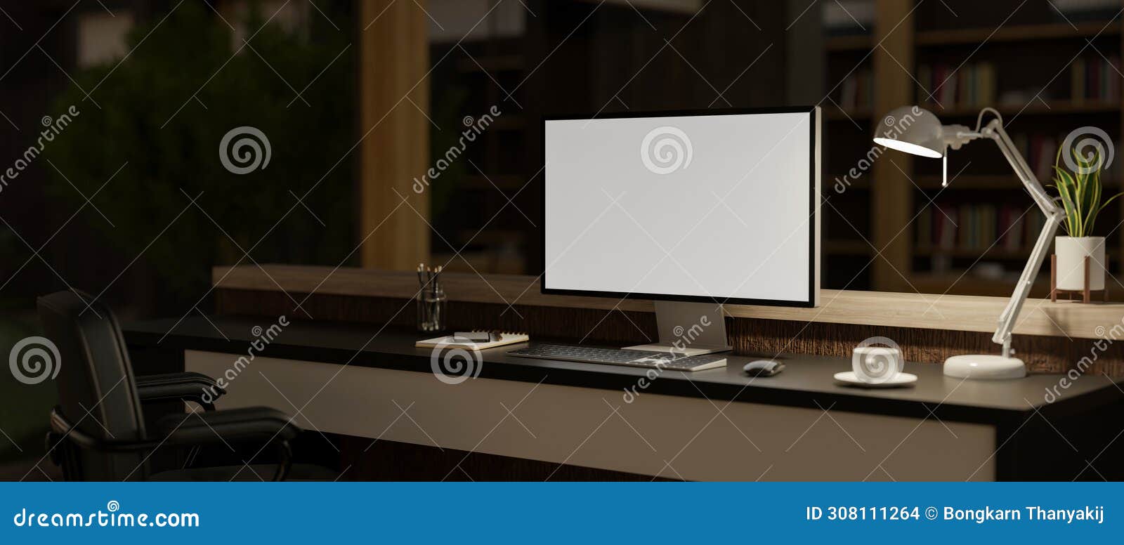An Office Desk with a Computer Mockup, a Table Lamp, and Decor in a ...