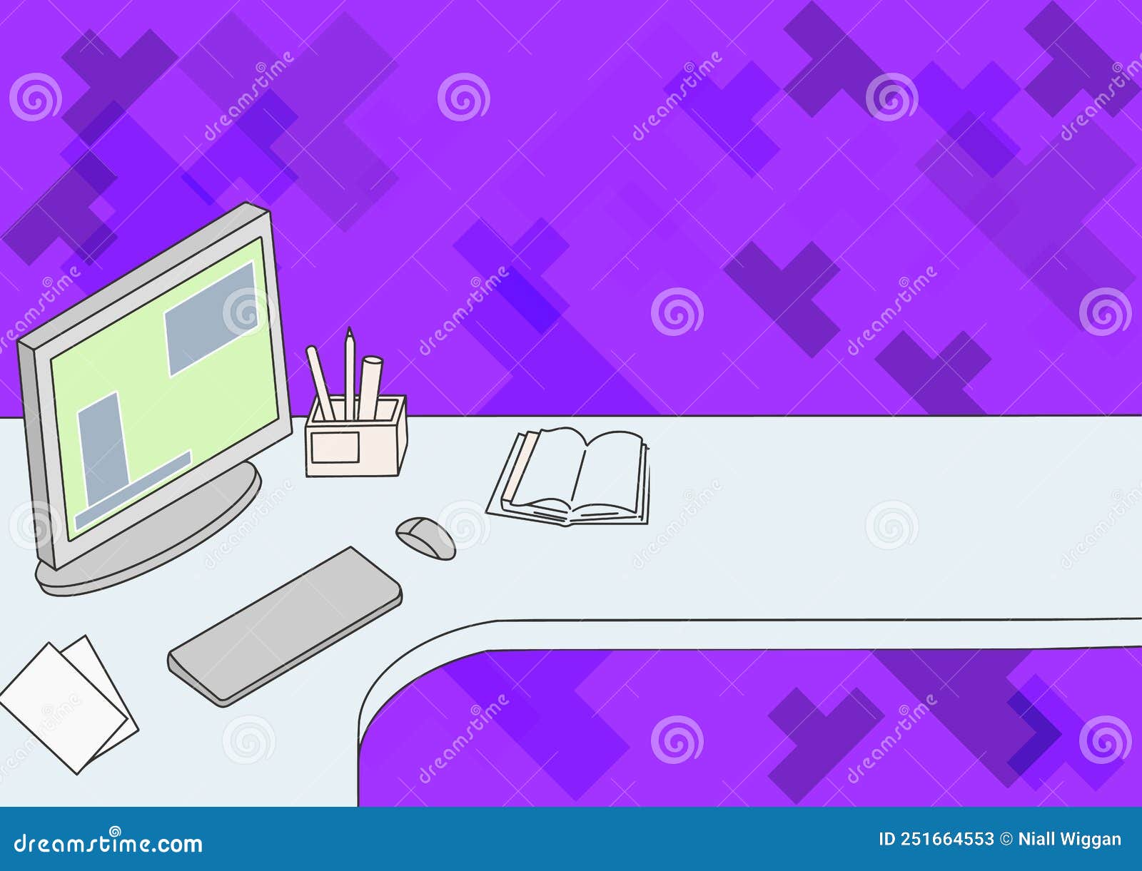 Office Desk Drawing with Computer Pen Holder and an Open Blank Notebook ...