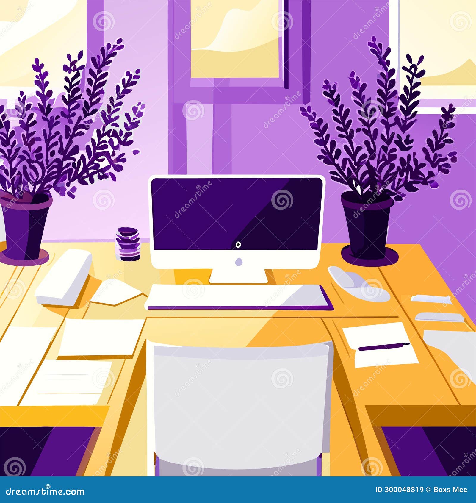 Office Desk with Computer and Plants. Workplace in Modern Office ...