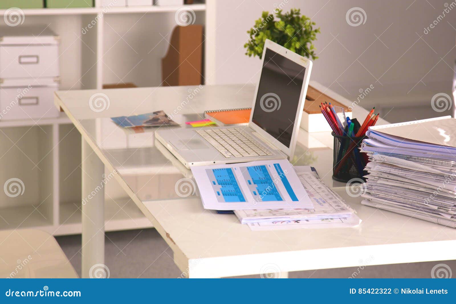 Office Desk with a Computer and Stack of Papers Stock Photo - Image of ...