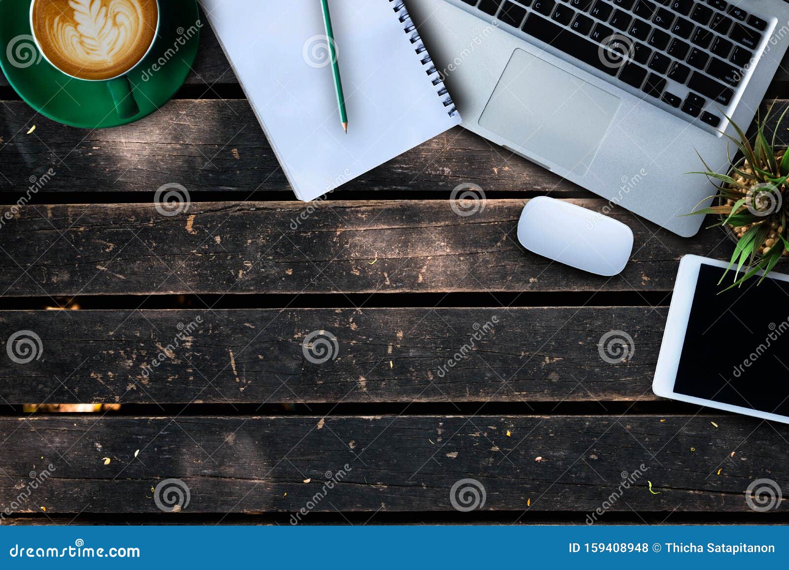Office Desk with Computer and Supplies. Top View. Stock Photo - Image ...