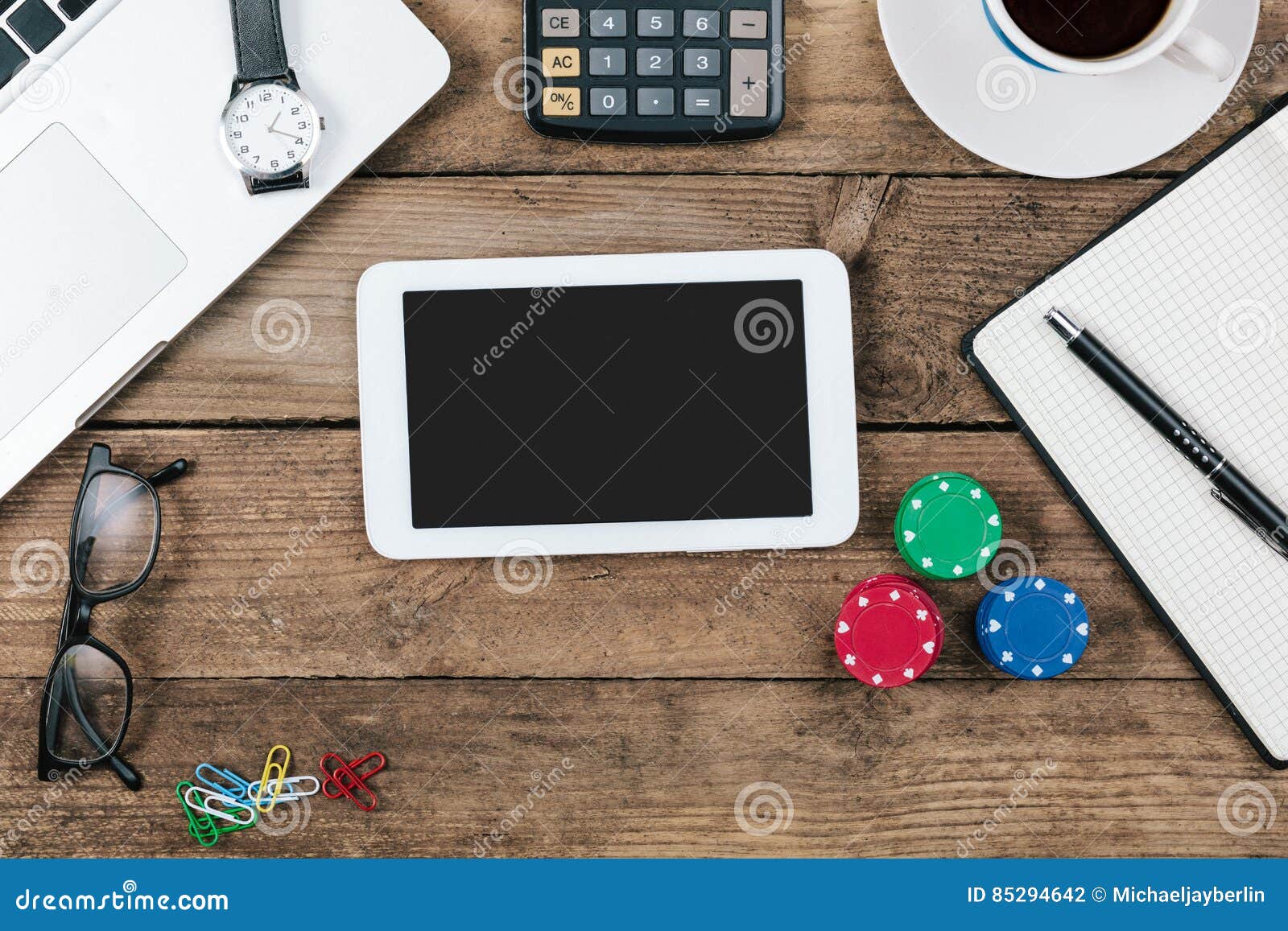 Office Desk with Computer Technology, High Angle Stock Photo - Image of ...