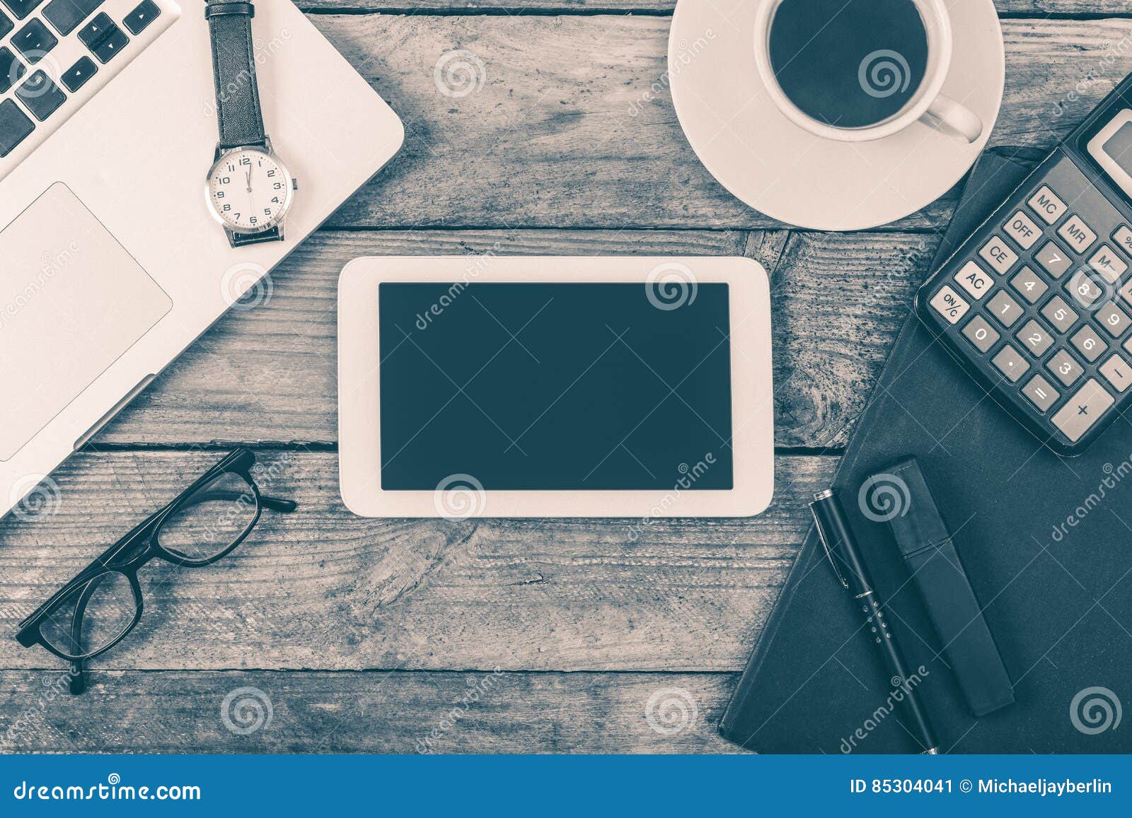 Office Desk with Computer Technology, High Angle Stock Image - Image of ...