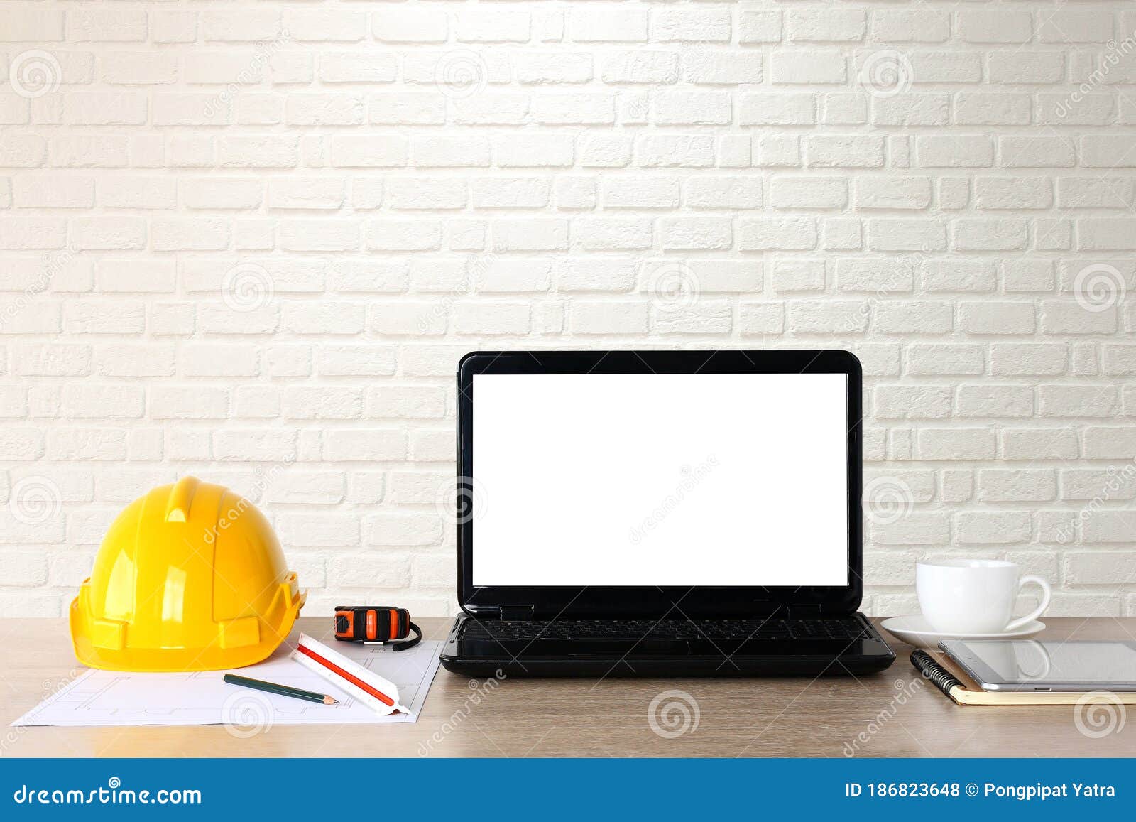 Office Desk of Construction Engineers Helmet and Accessories White ...