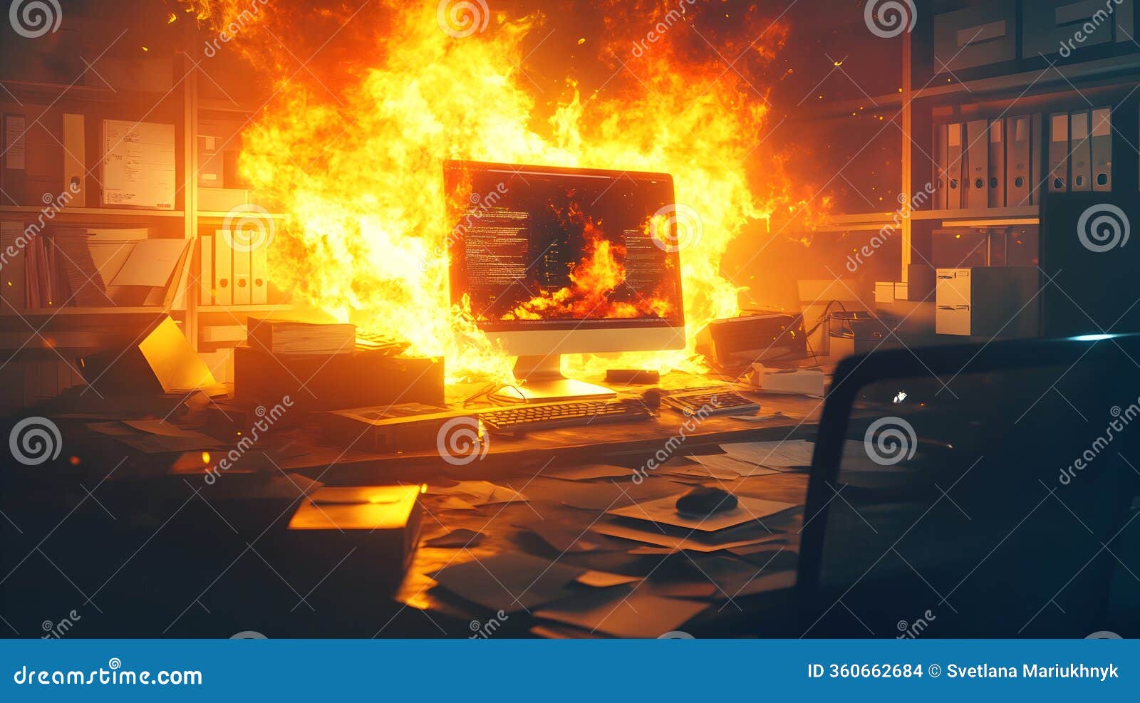 Office Desk Engulfed in Flames with Computer Fire in Chaotic Workspace ...