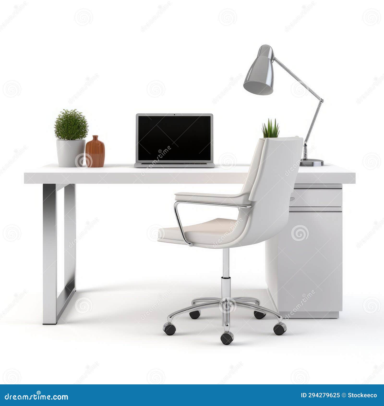 Highly Detailed White Computer Desk and Chair for Office Stock ...