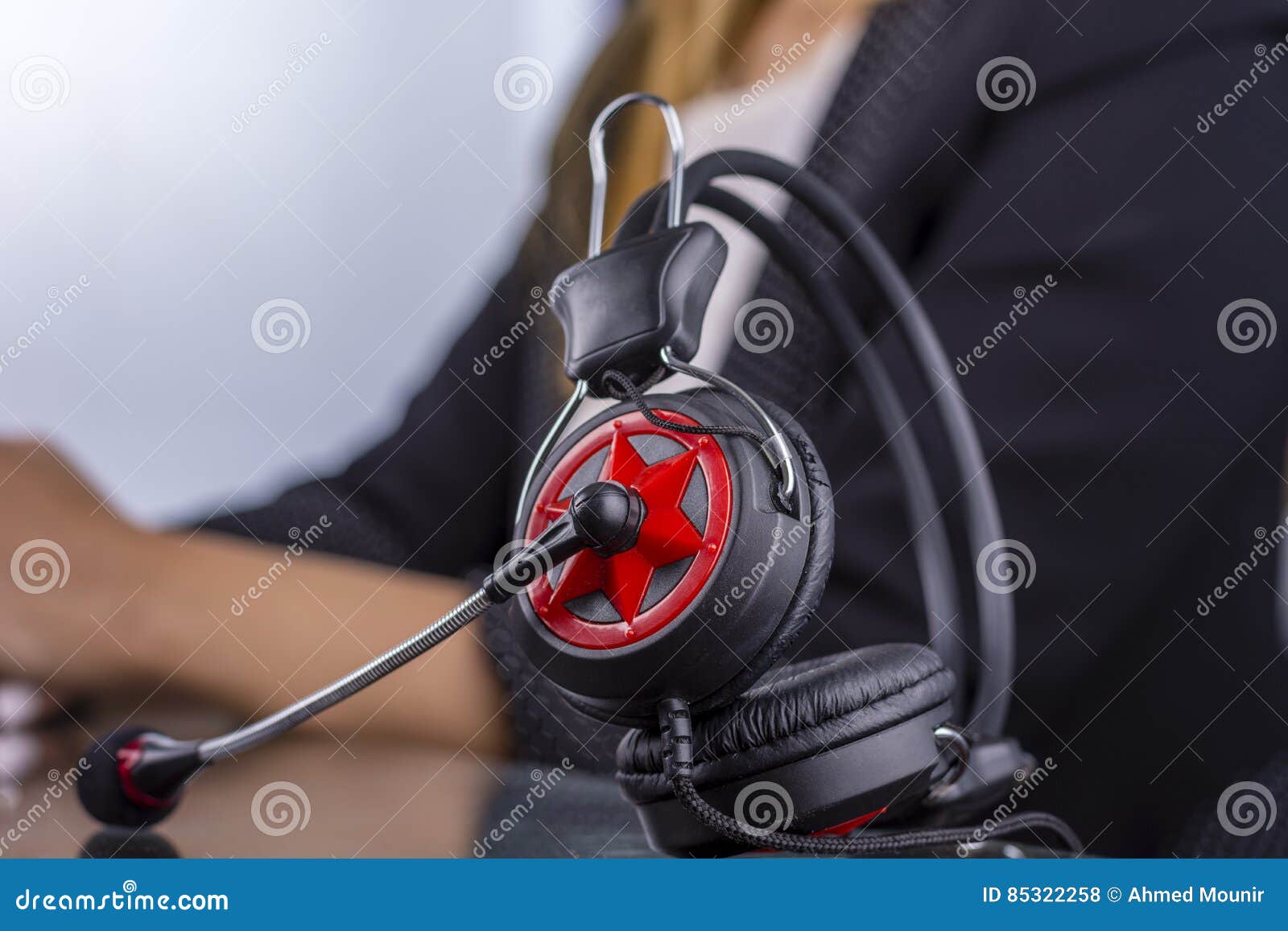 Office Desk with Headset Call Center Support Table Stock Photo - Image ...
