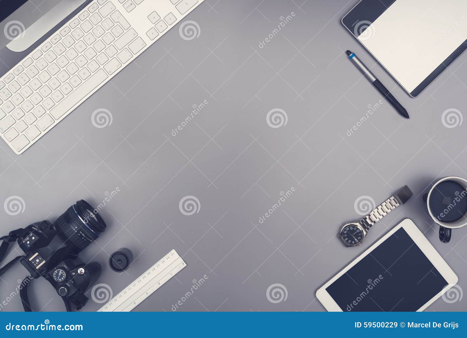 The Office Desk Flat Lay View With Keyboard, Mouse, Tree And Earphone ...