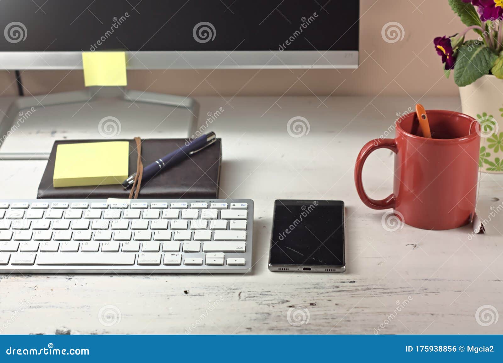 The Office Desk with Hot Drink, Computer Screen, Keyboard, Flower Pot ...