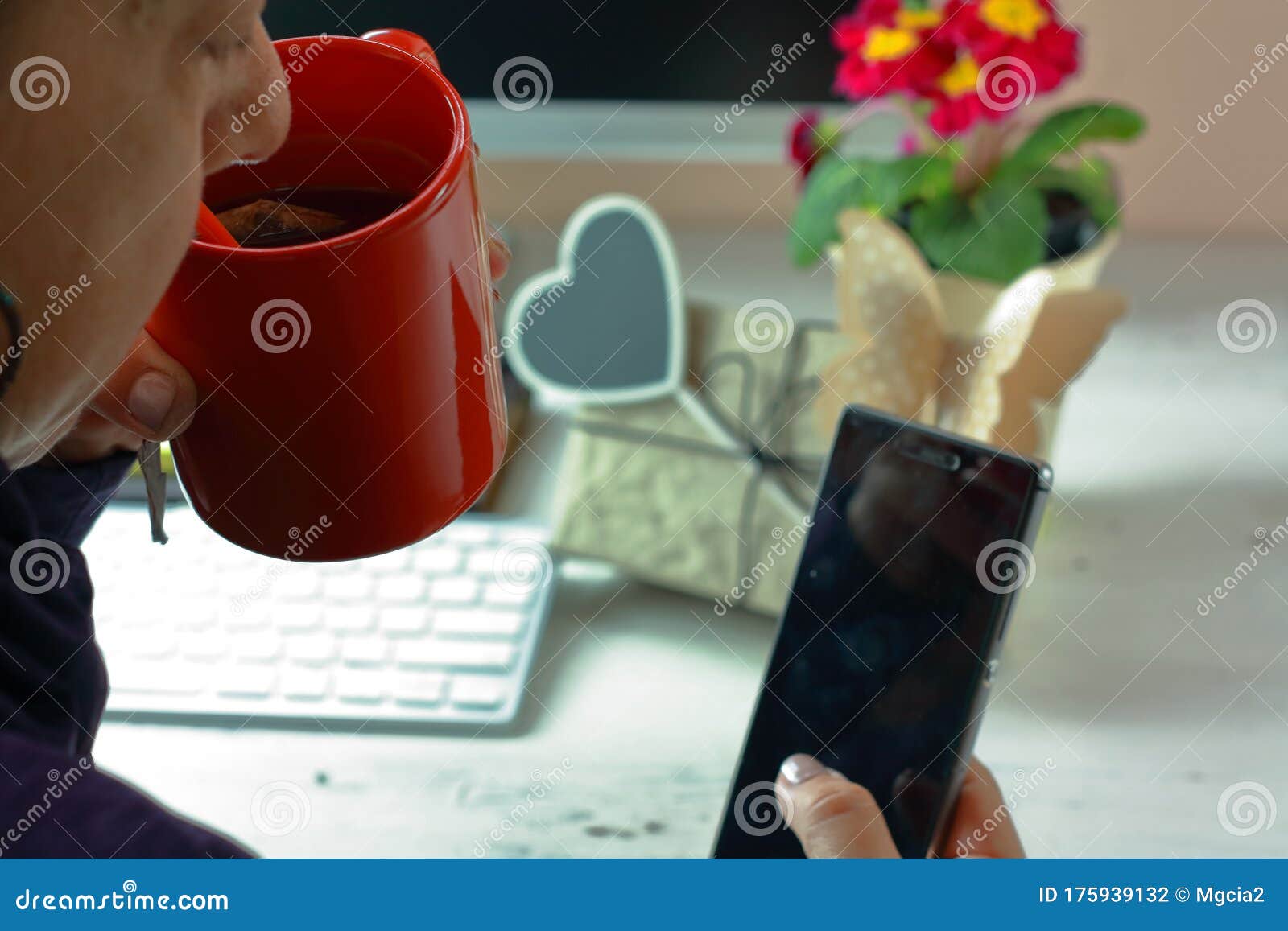 The Office Desk with Hot Drink, Computer Screen, Keyboard, Gift Box ...